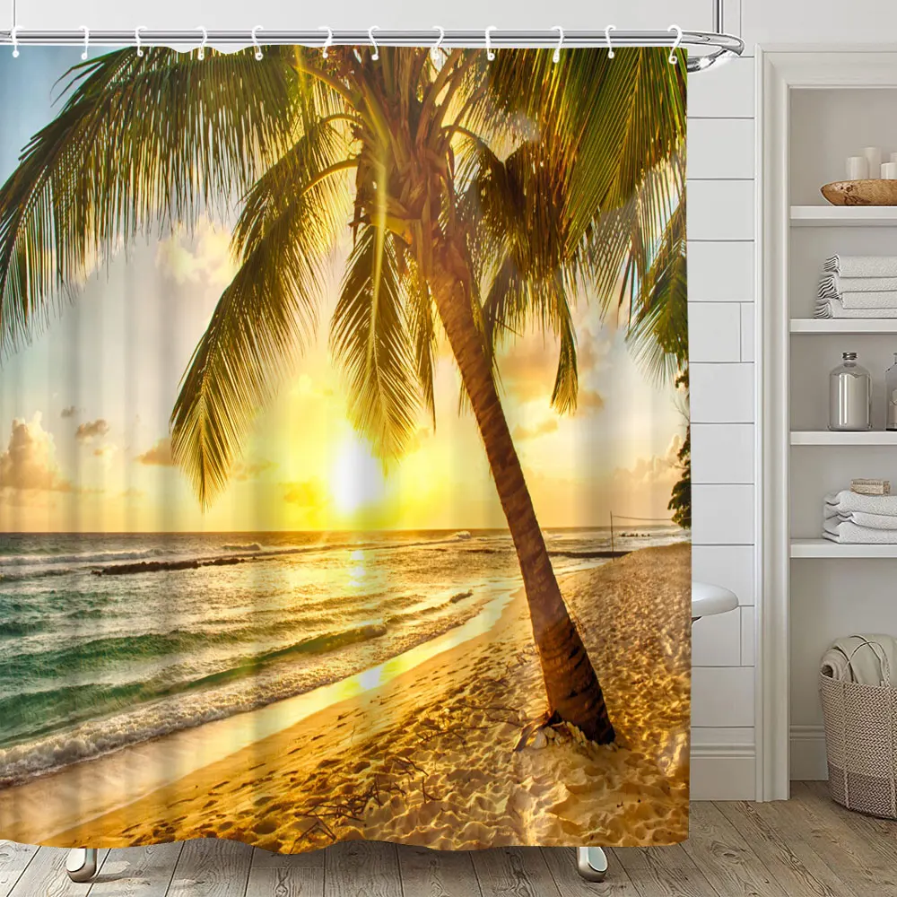 3D Sunset Beach Shower Curtain Tropical Palm Tree Landscape Waterproof ...