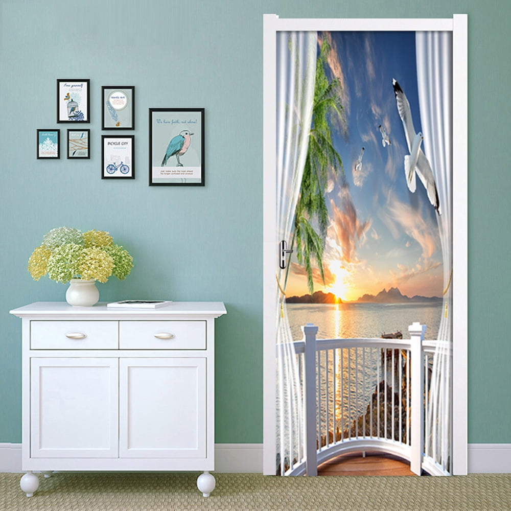 3D Sunset Scenery Door Sticker Summer Beach Scenery Wallpaper PVC ...