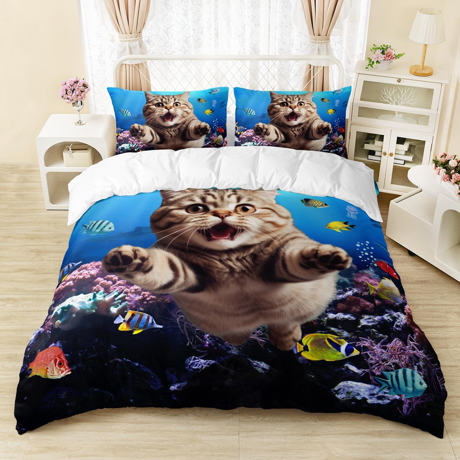 3D Swimming Cat Duvet Cover Set, Coral Duvet Cover for Kids Girls Boys ...