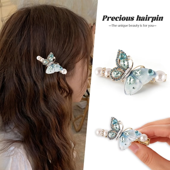 3D Teal Blue Butterfly Hairpin, Delicate Mesh Fabric Wing, Inlaid ...