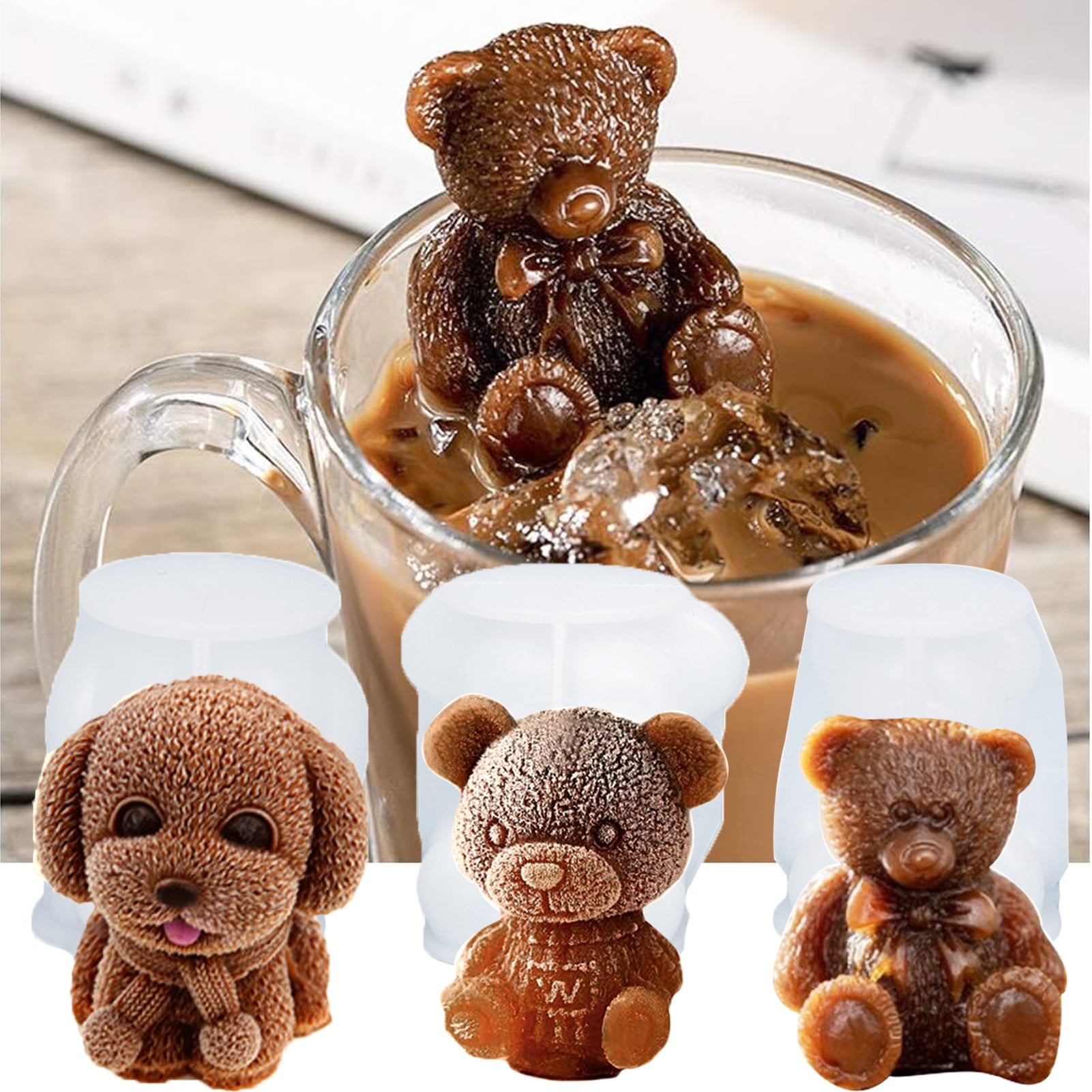 3D Teddy Bear Ice Cube Mold, Silicone Animal Mold, 3 Pieces Ice Cube ...