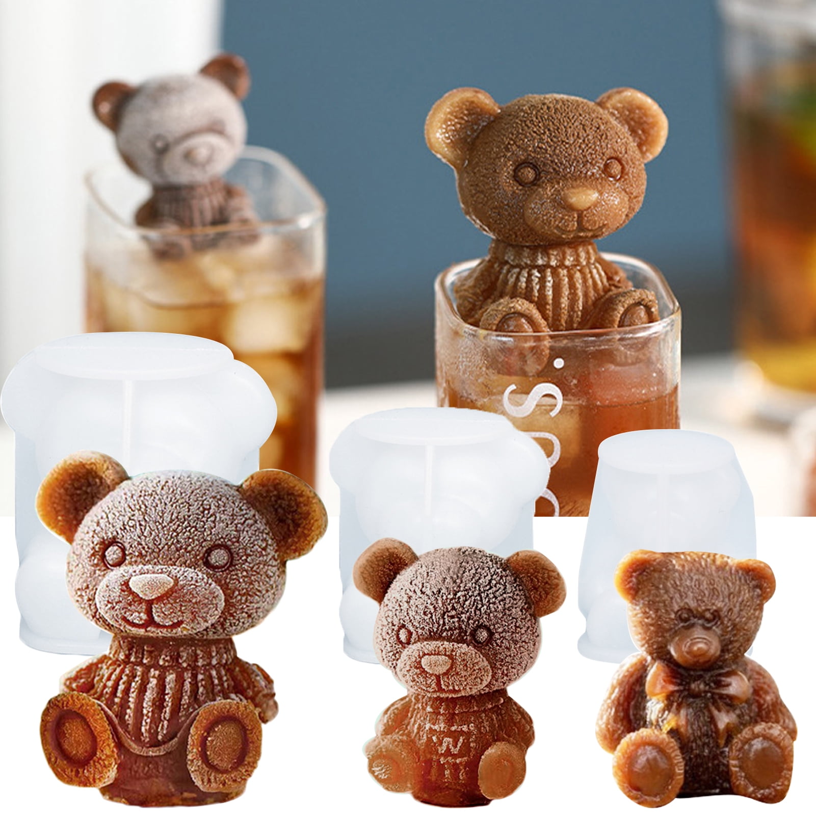 3D Teddy Bear Ice Cube Mold, Silicone Animal Mold, 3 Pieces Ice Cube ...