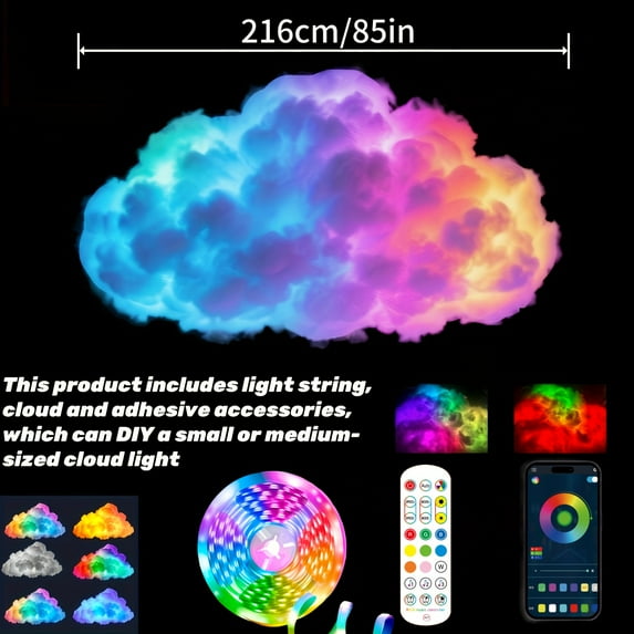 3D Thunder Cloud Night Light - Music Sync Smart RGB LED Strip, USB ...