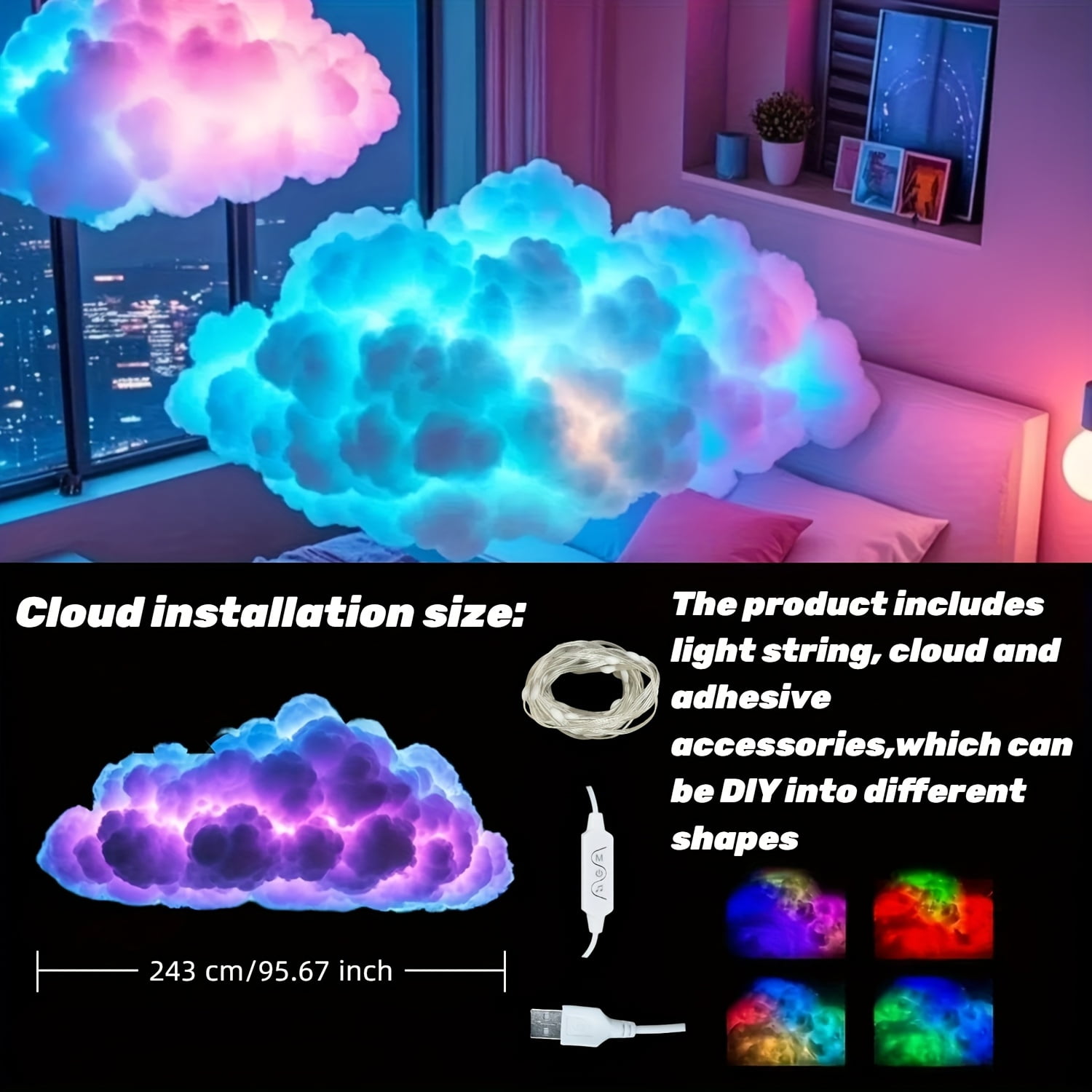 3D Thundercloud LED Mood Light - Usb-Powered Color-Changing Night Lamp ...