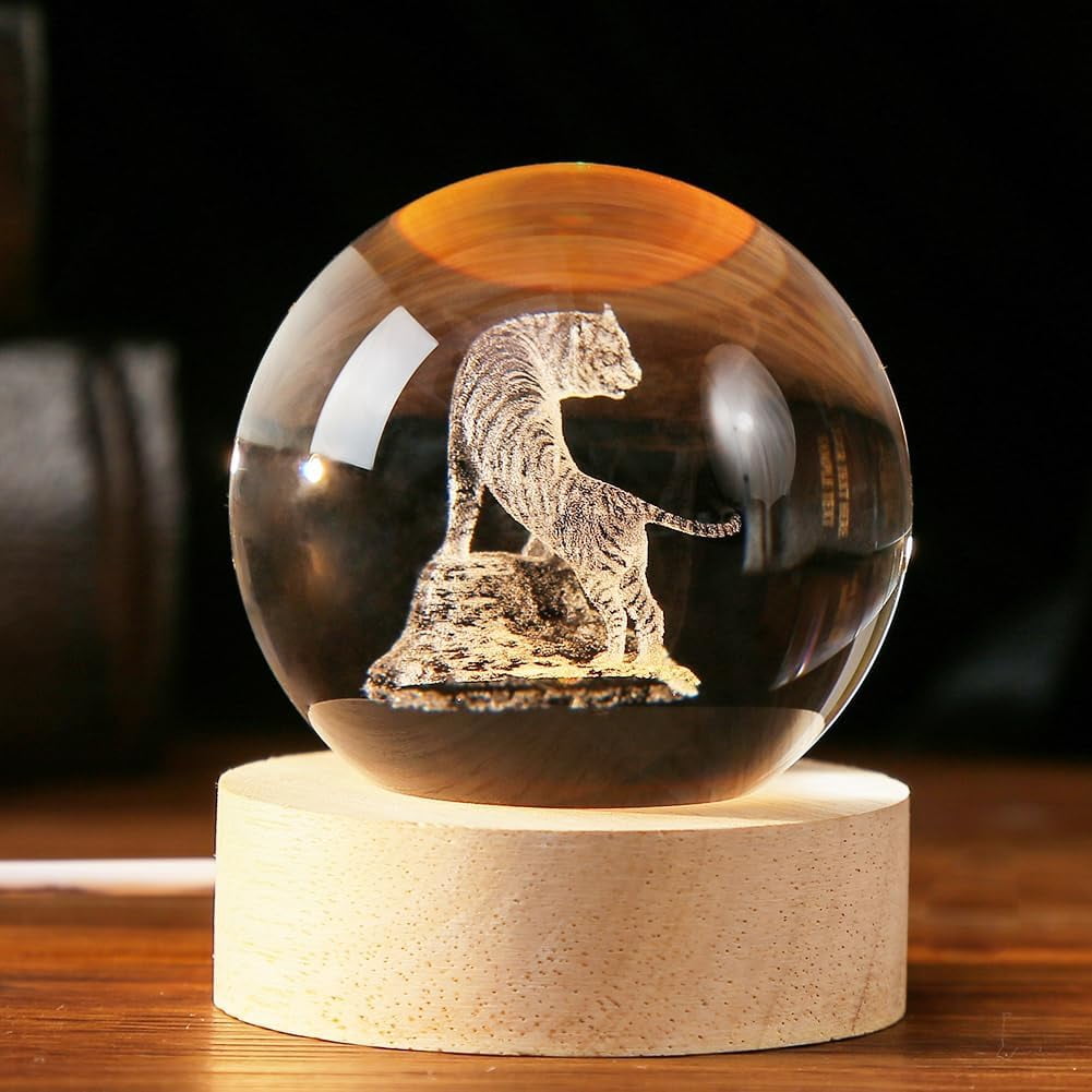3D Tiger Crystal Ball Tiger Figurines in Crystal Ball 60mm Decor White ...