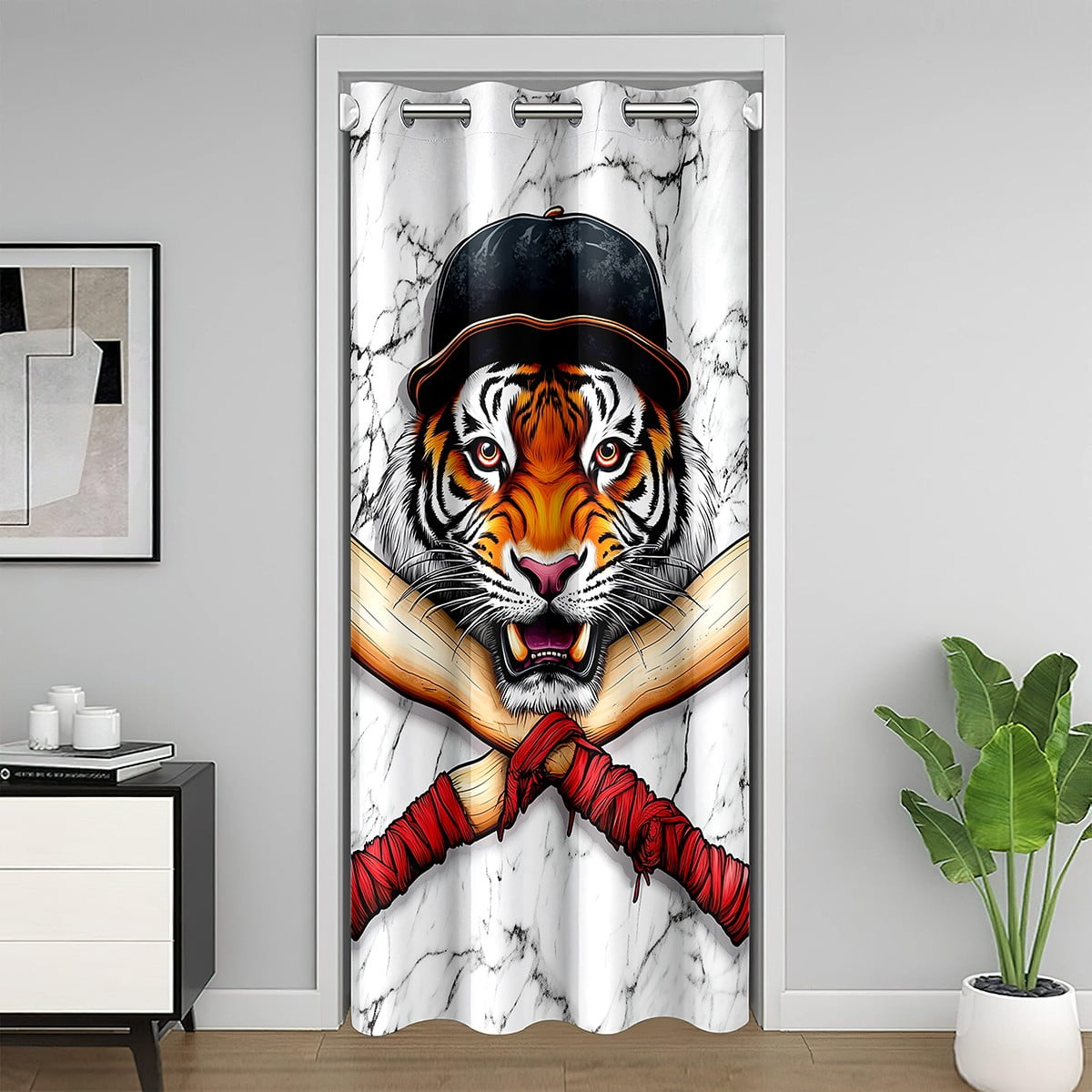 3D Tiger Head Doorway Curtain 42" W X 84" L Cartoon Baseball Bats Sports Style Door Curtain for ...