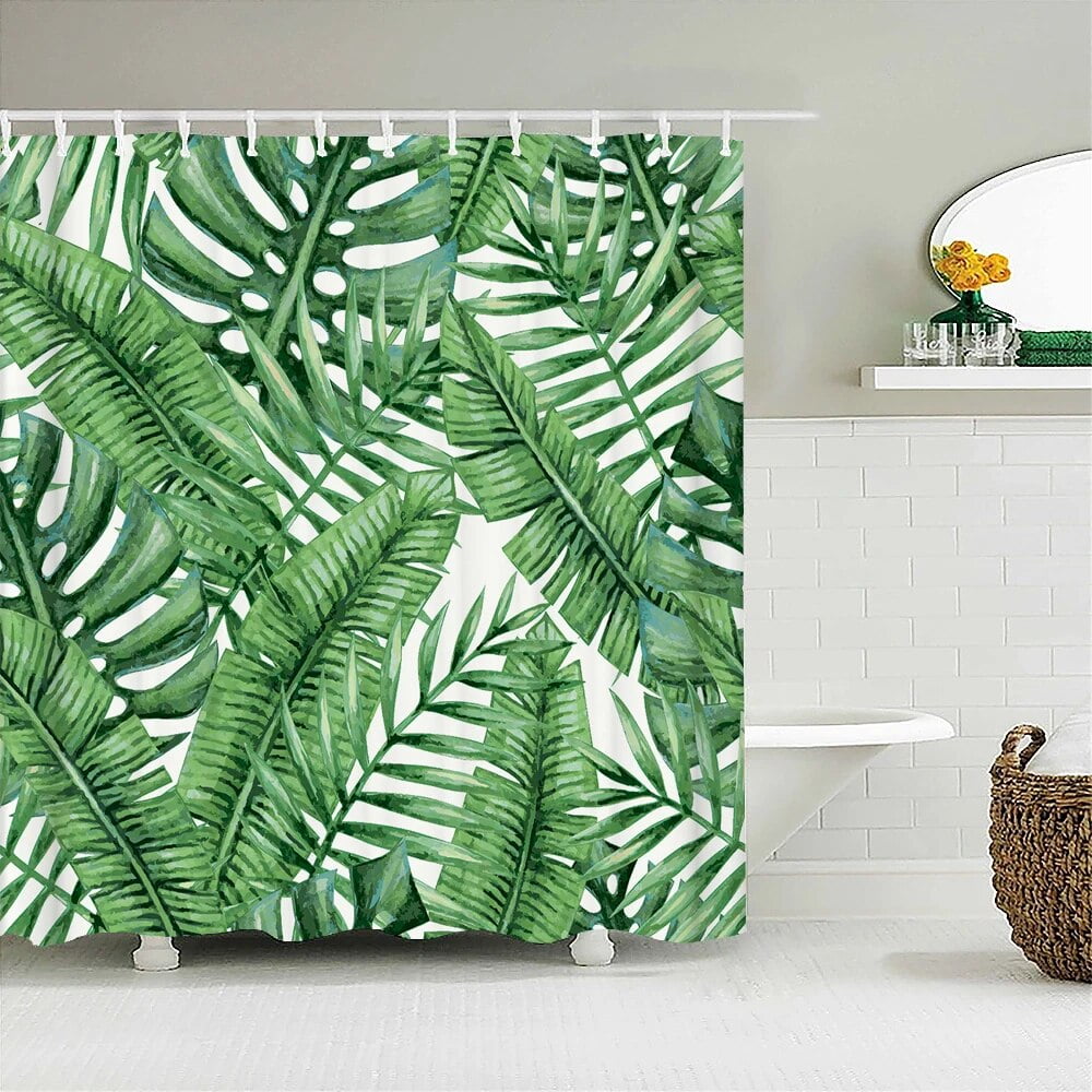 3D Tropical Green Plants leaf Print Nordic Style Shower Curtain Hook ...
