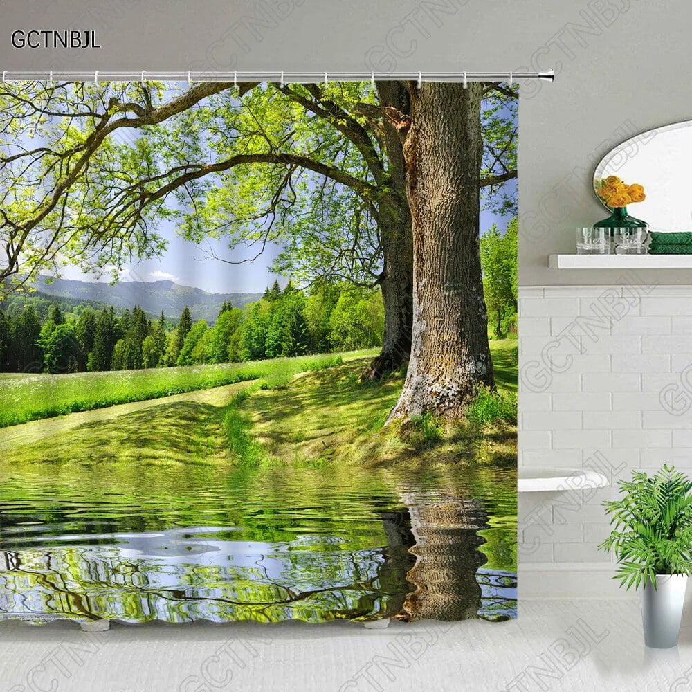 3D Tropical Jungle Scenery Shower Curtain Summer Green Palm Grove Nature Landscape Bath Curtain ...