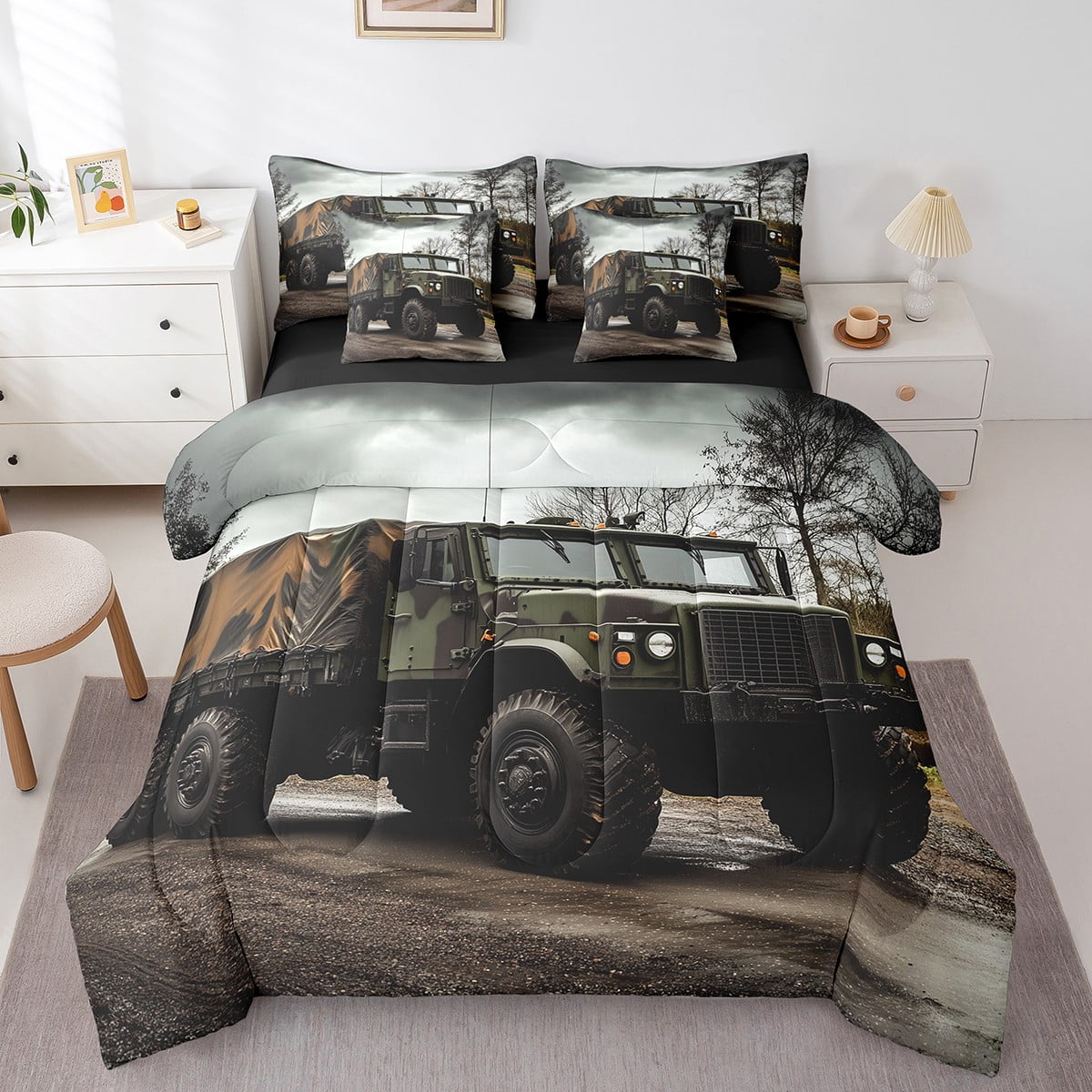 3D Truck Comforter Set Queen Military Theme Bedding Set Adults Men (1 ...