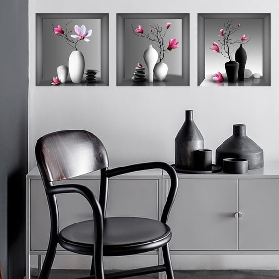 3D Vases Wall Decals Black White Stereo Stone Orchid Flowers Wall ...