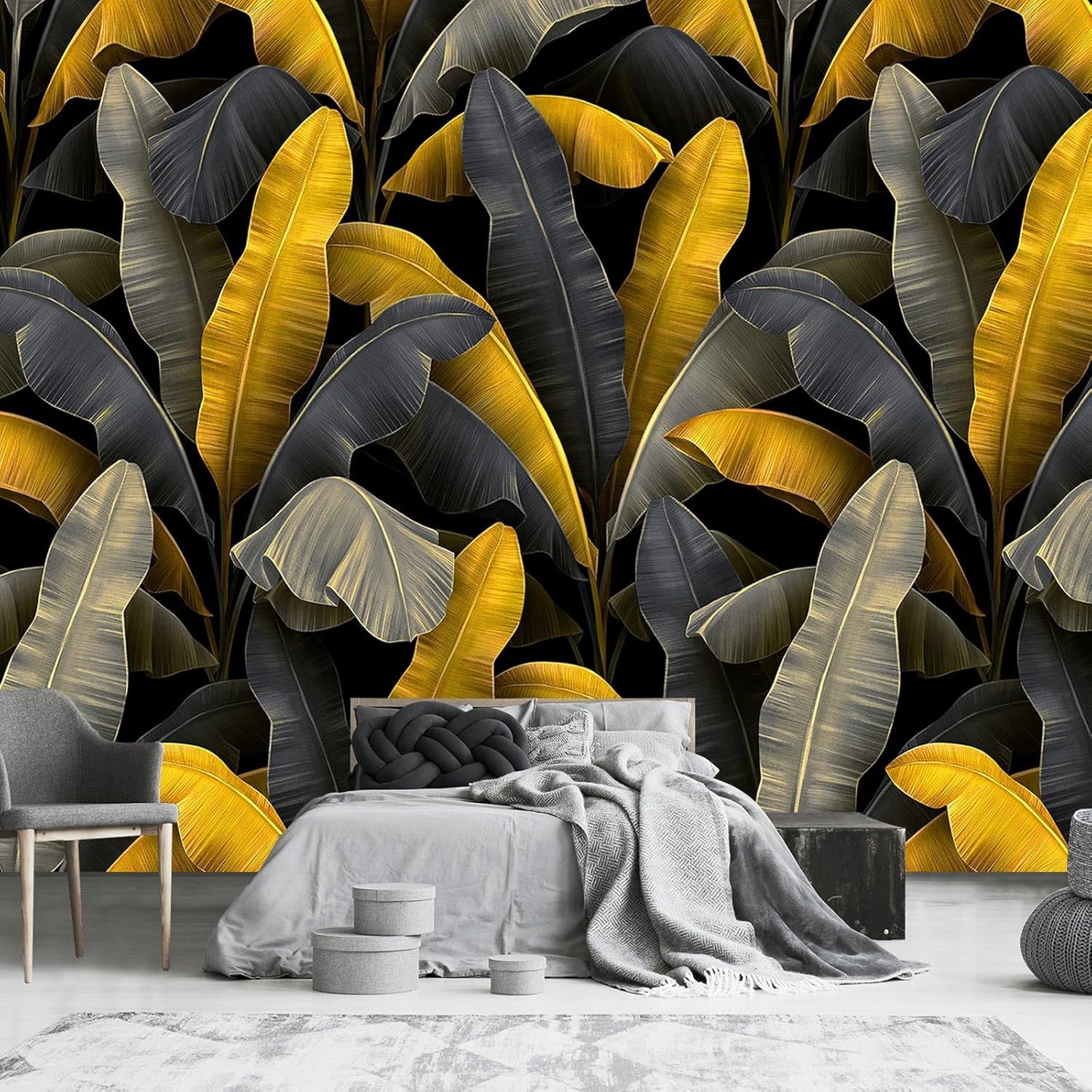 3D Vintage Black and Gold Banana Leaves Wallpaper for Bedroom (Not Peel ...