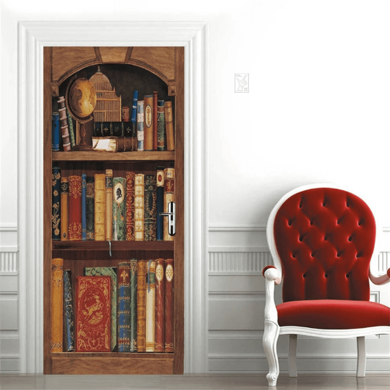 3D Vintage Bookshelf Door Stickers Library Bookcase Home Bedroom ...