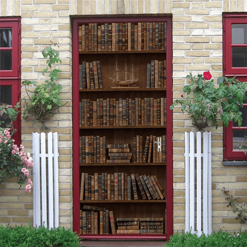 3D Vintage Bookshelf Door Stickers Library Bookcase Home Bedroom ...