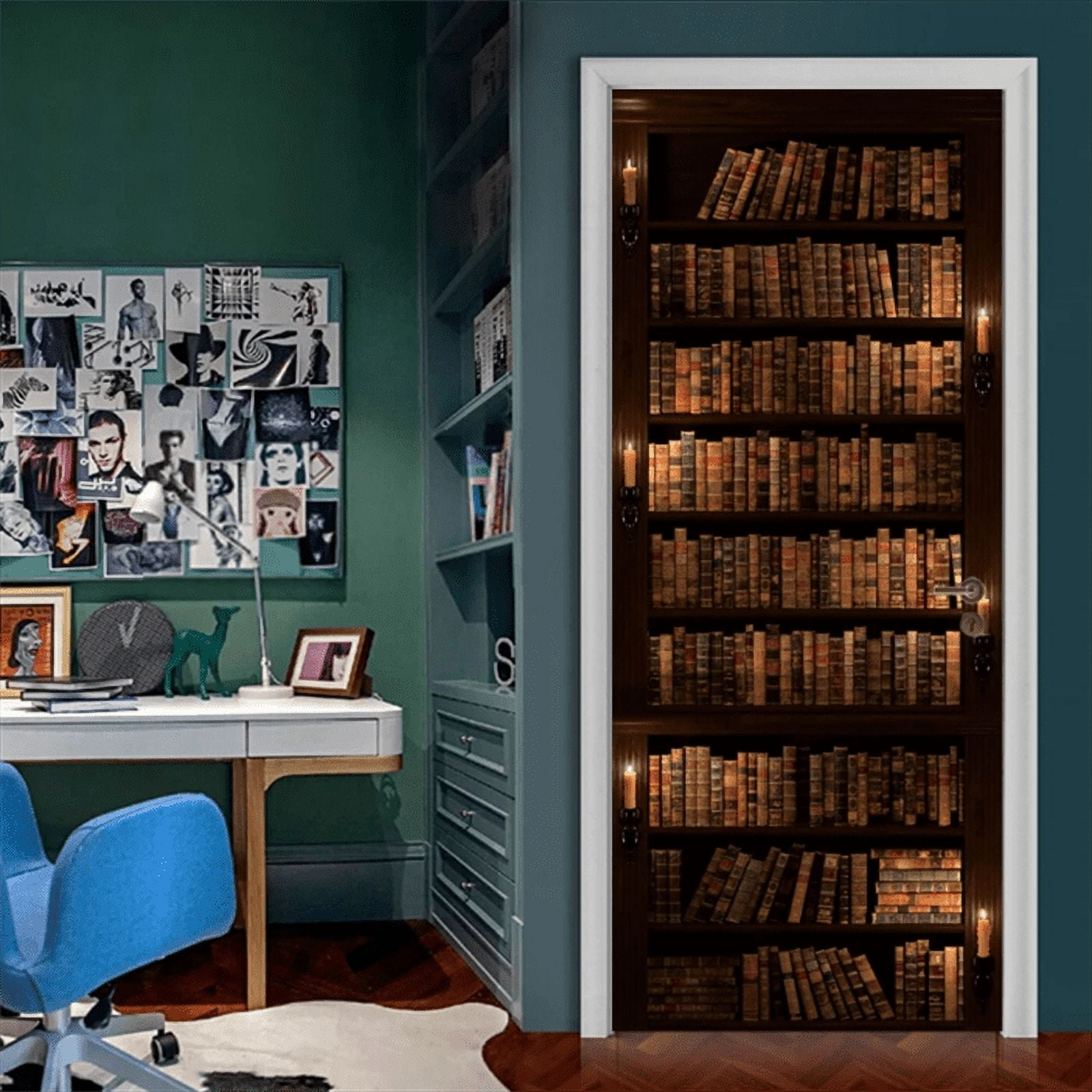 3D Vintage Bookshelf Door Stickers Library Bookcase Home Bedroom ...