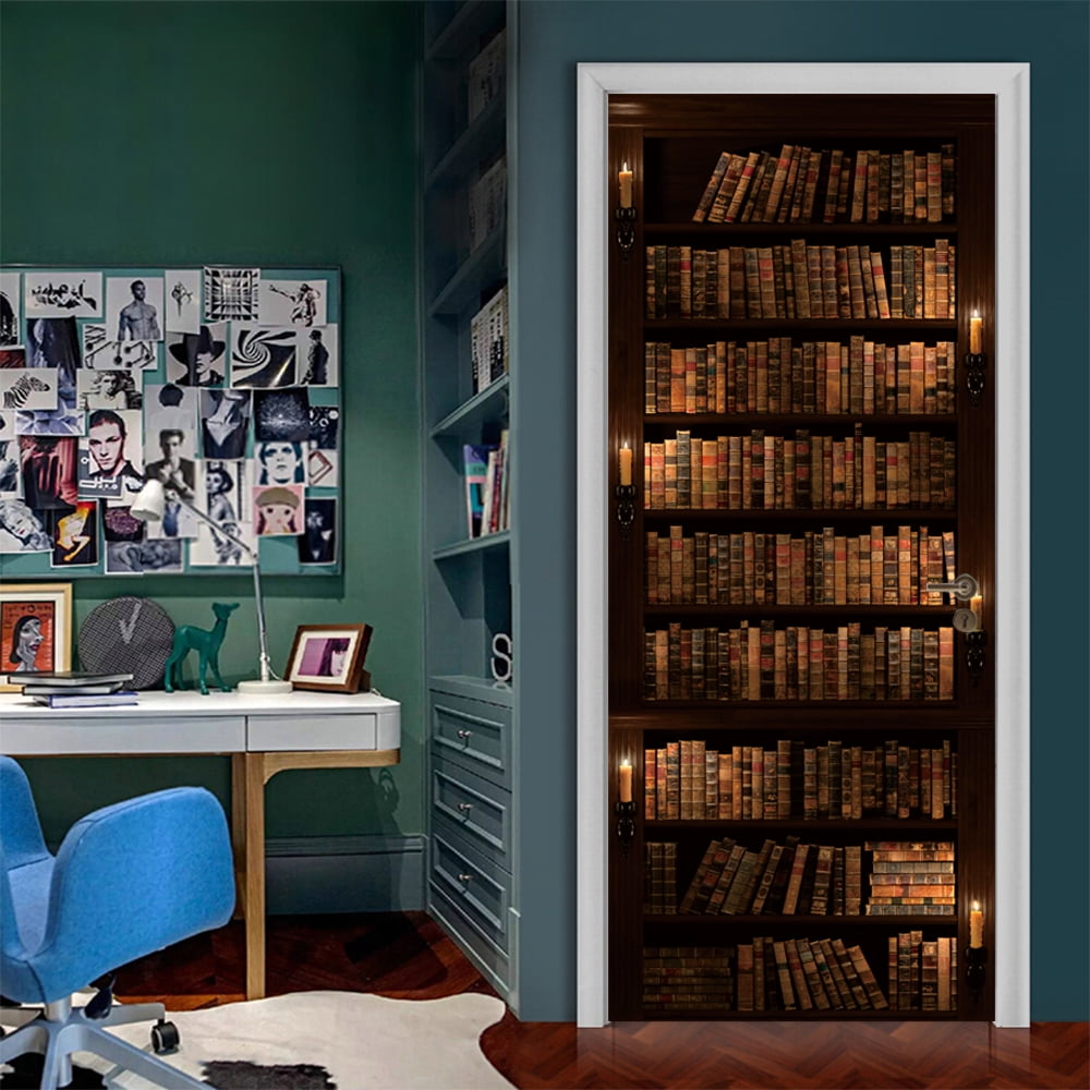 3D Vintage Bookshelf Home Decoration Door Sticker Self-adhesive Vinyl ...
