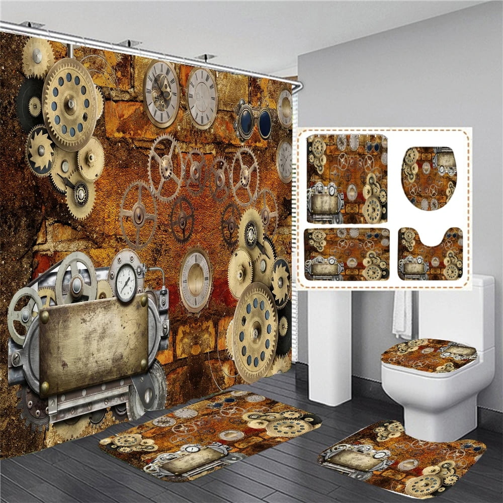 3D Vintage Steampunk Clocks and Gears Bathroom Shower Curtain Set ...
