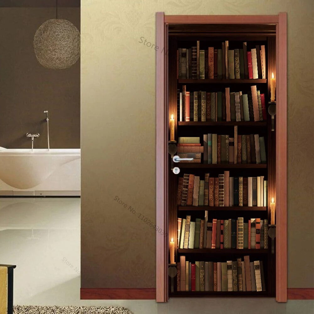 3D Vinyl Bookcase Door Sticker Wallpaper For Bedroom Study Decoration ...