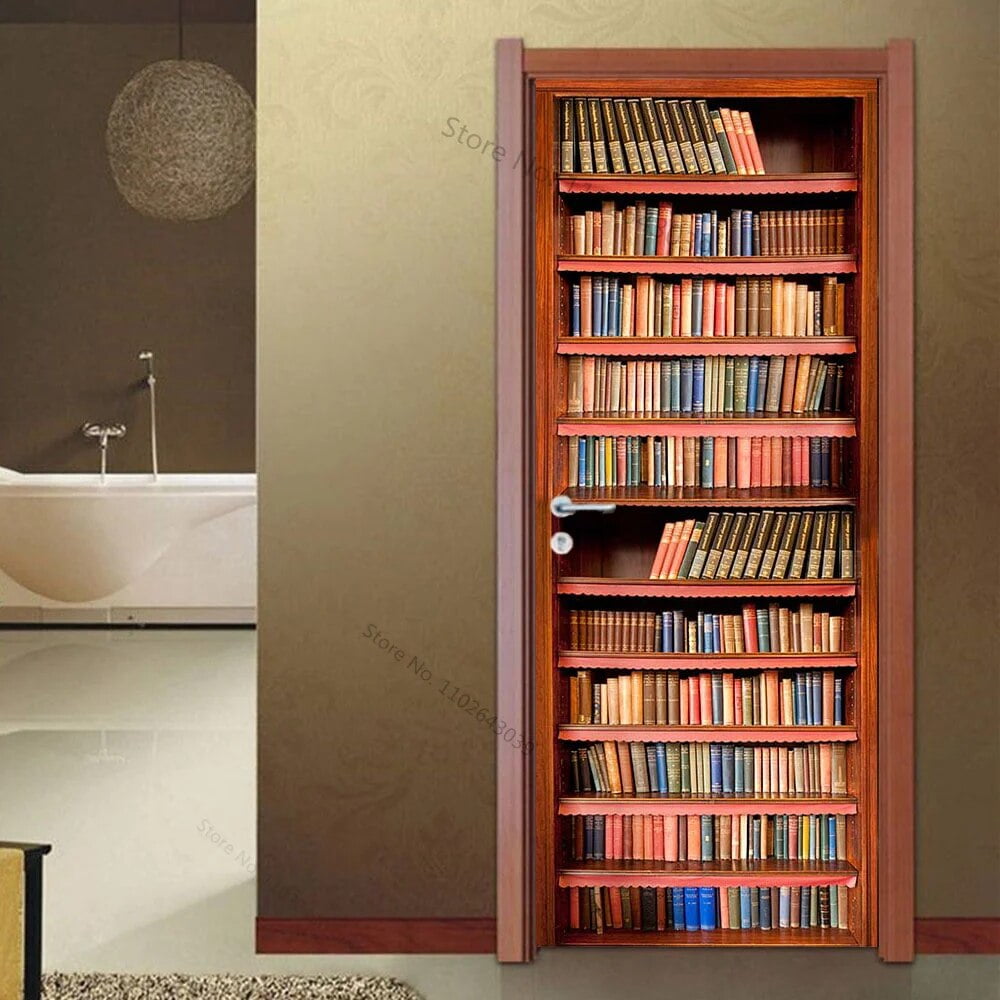 3D Vinyl Bookcase Door Sticker Wallpaper For Bedroom Study Decoration ...