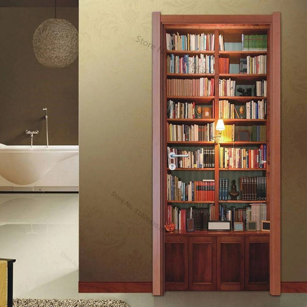 3D Vinyl Bookcase Door Sticker Wallpaper For Bedroom Study Decoration ...
