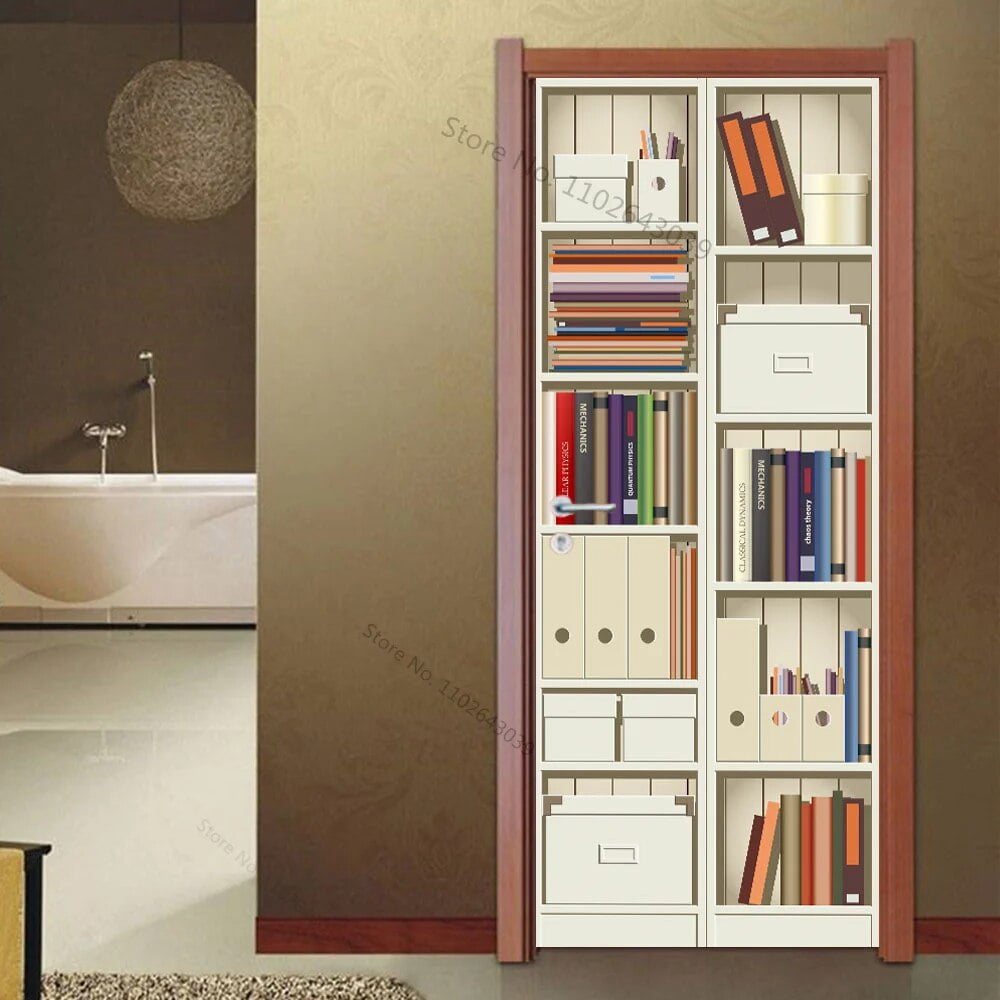 3D Vinyl Bookcase Door Sticker Wallpaper For Bedroom Study Decoration ...