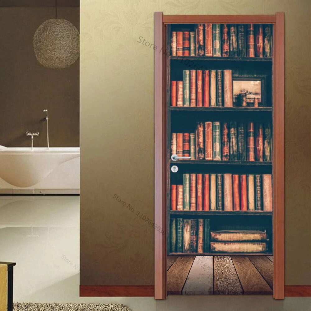3D Vinyl Bookcase Door Sticker Wallpaper For Bedroom Study Decoration ...