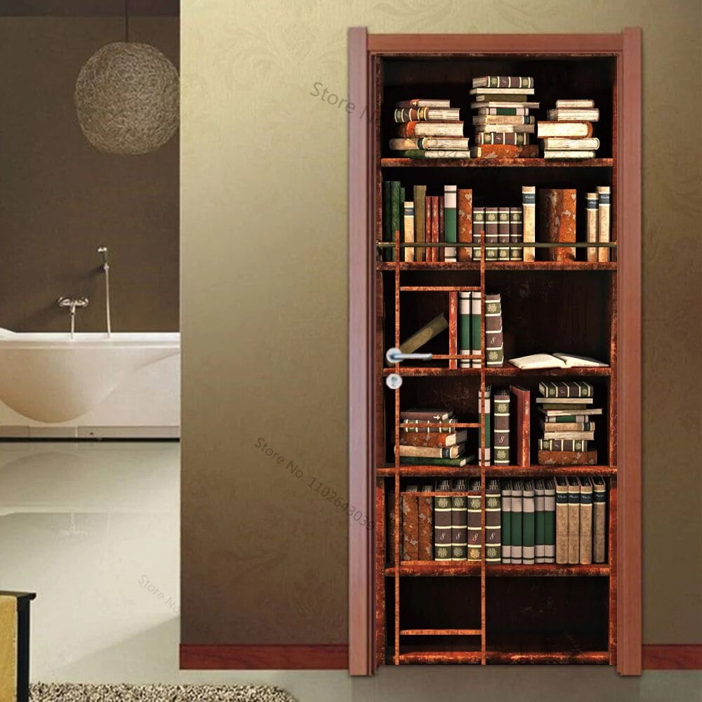 3D Vinyl Bookcase Door Sticker Wallpaper For Bedroom Study Decoration ...