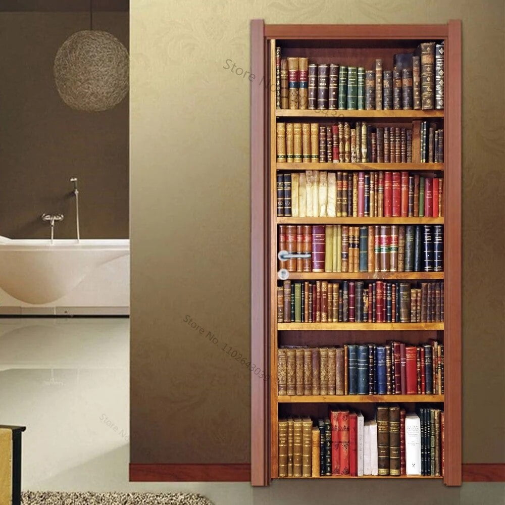 3D Vinyl Bookcase Door Sticker Wallpaper For Bedroom Study Decoration ...