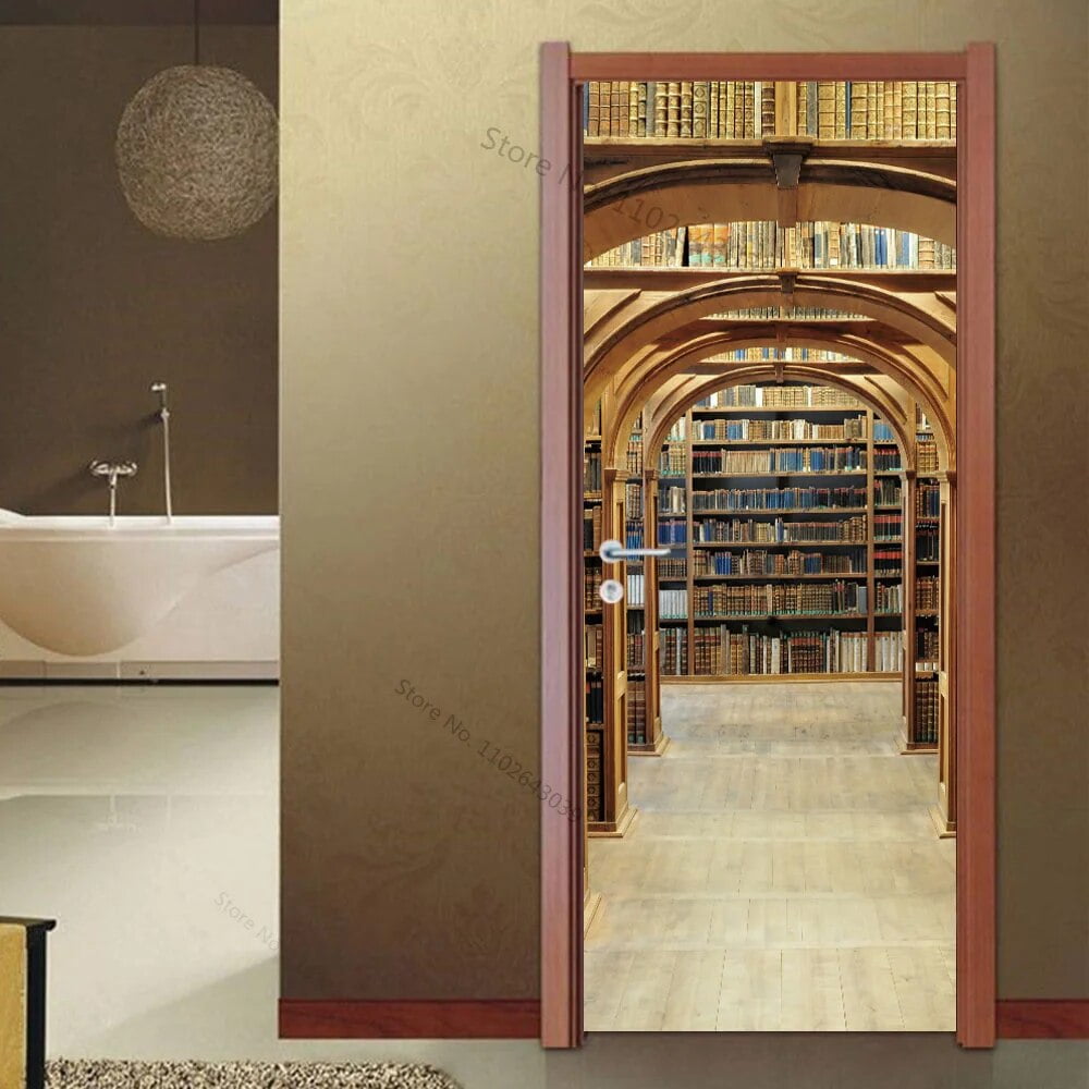 3D Vinyl Bookcase Door Sticker Wallpaper For Bedroom Study Decoration ...