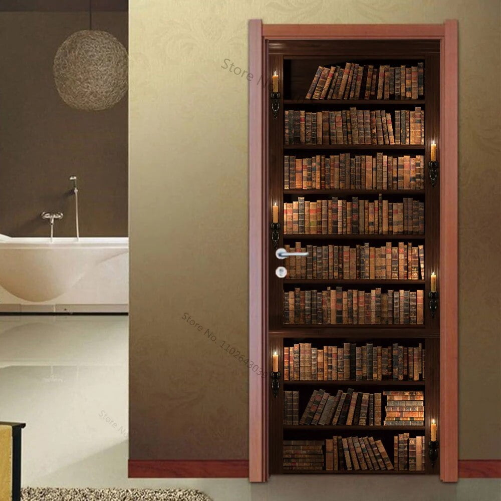 3D Vinyl Bookcase Door Sticker Wallpaper For Bedroom Study Decoration ...