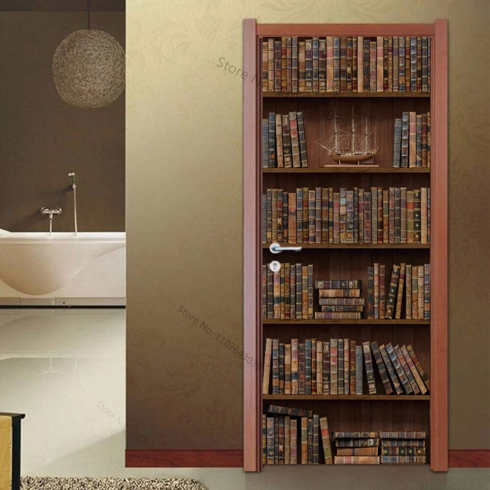 3D Vinyl Bookcase Door Sticker Wallpaper For Bedroom Study Decoration ...
