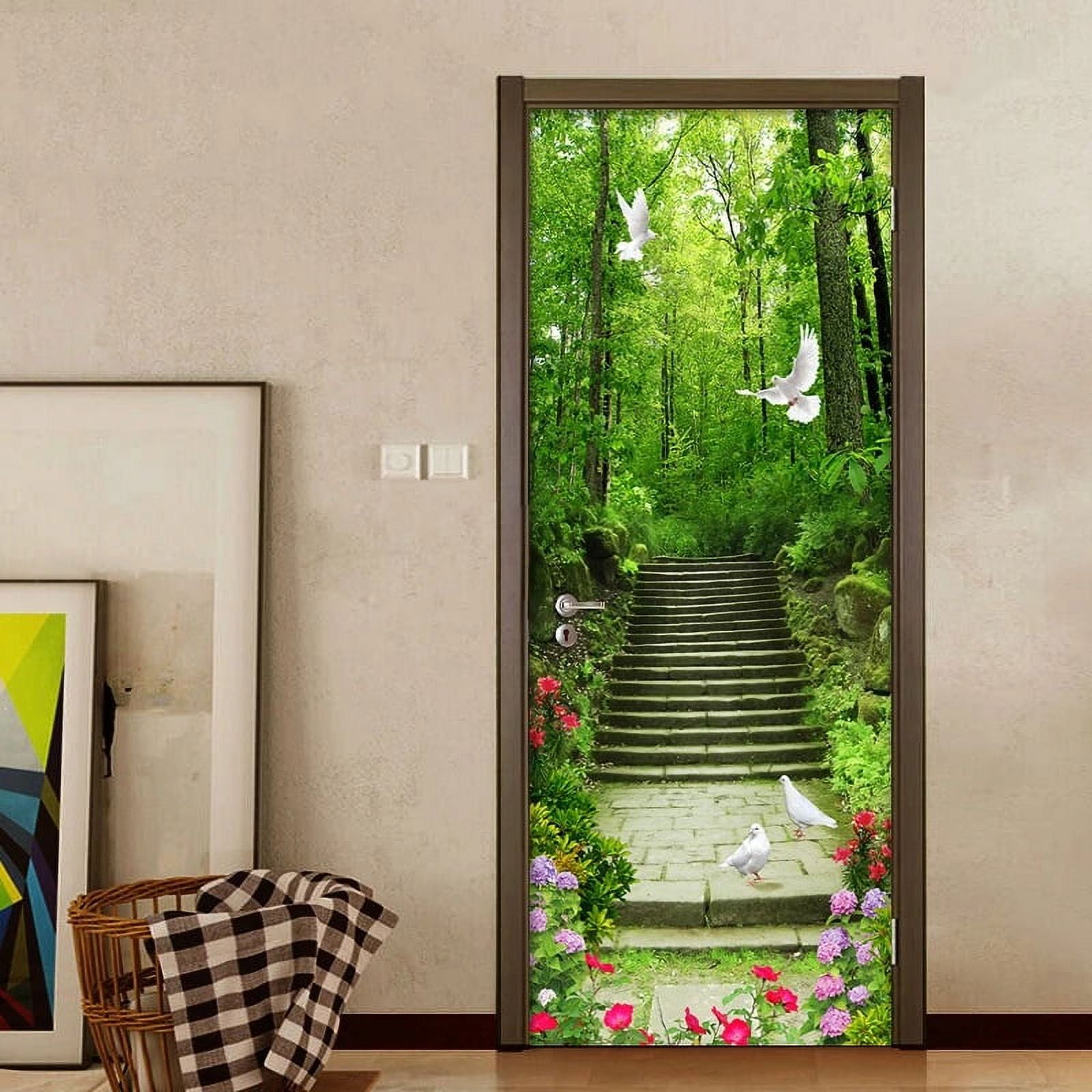 3D Visual Effect Stairs Door Stickers Self-adhesive Vinyl Full Door ...