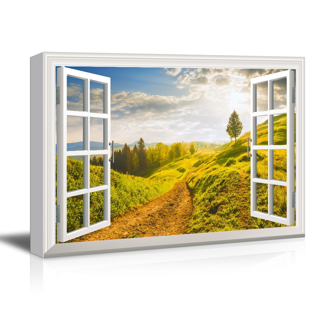 3D Visual Effect View Through Window Frame Muddy Road Among the Grass ...