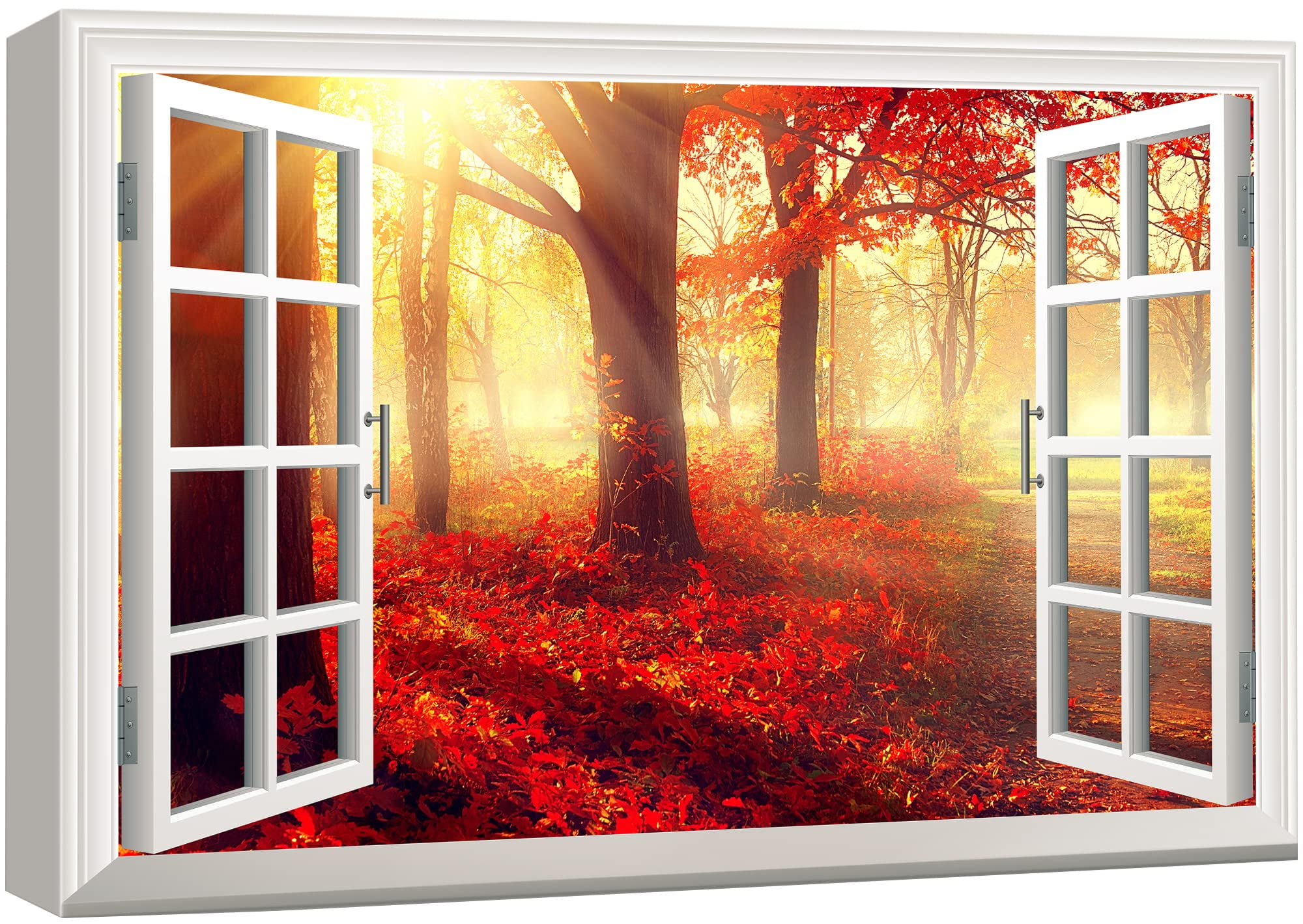 3D Visual Effect View Through Window Frame Red Tree in the Park during ...
