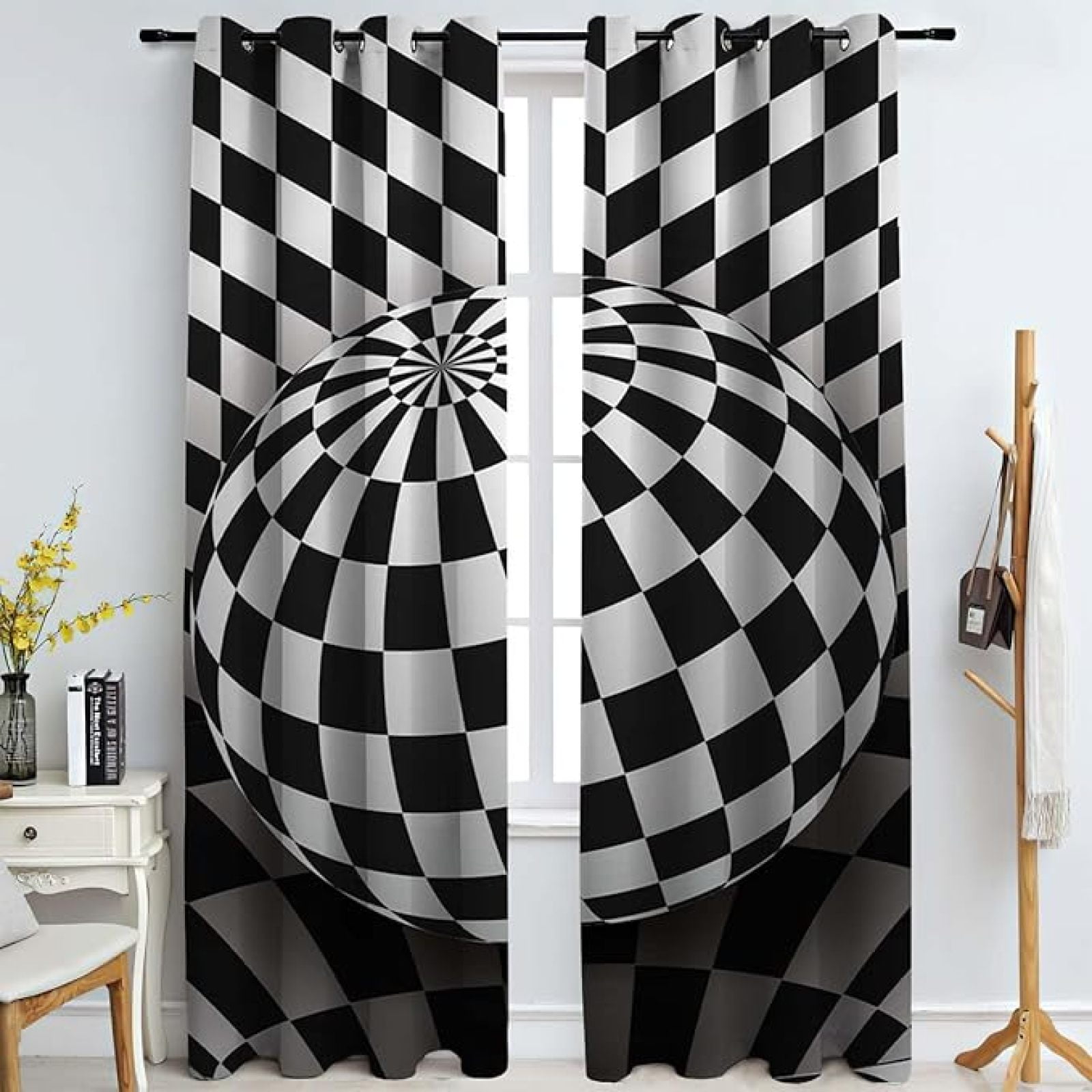 3D Visual Effects Pattern Print Curtain, Black And White Checkered Ball ...