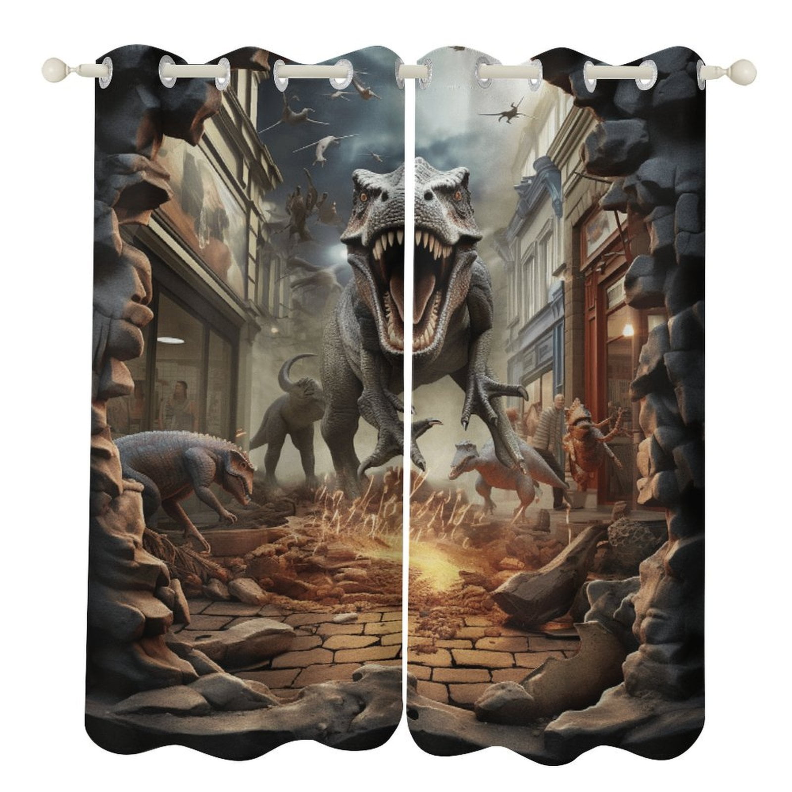 3D Visual Illusion Dinosaur 2 Panels Curtains for Bedroom Living Room ...