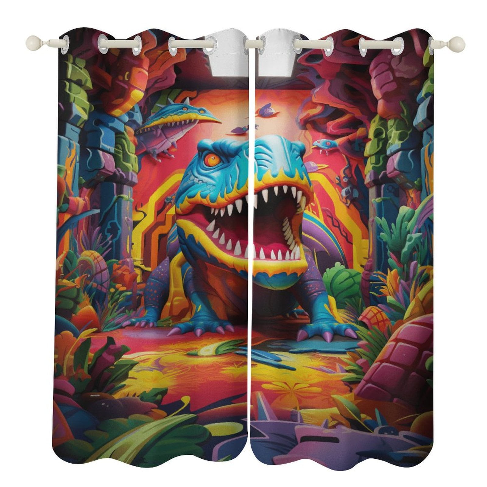 3D Visual Illusion Dinosaur 2 Panels Curtains for Bedroom Living Room Drapes Kitchen Window ...