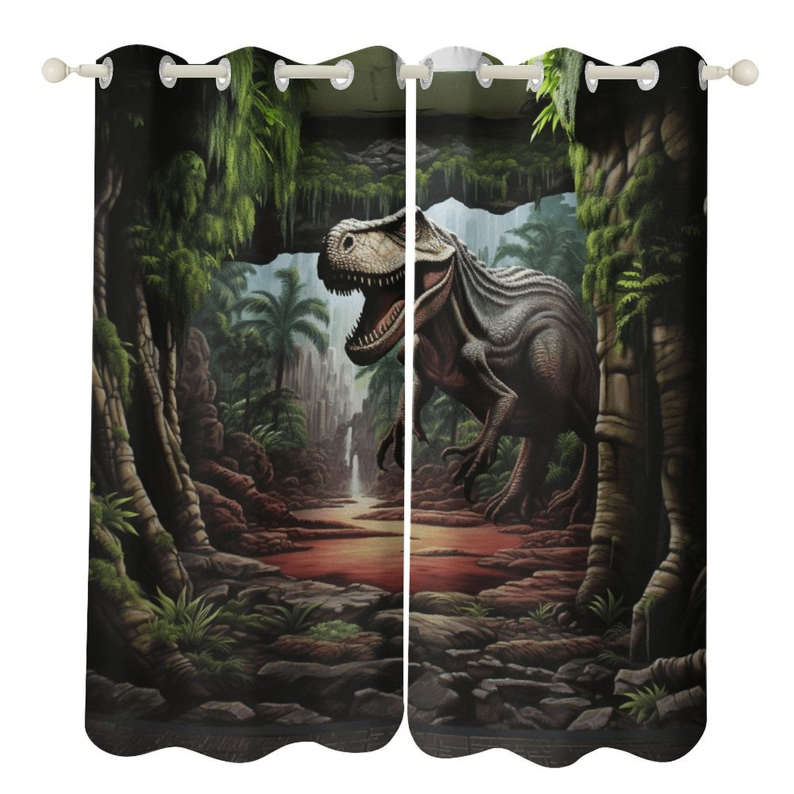3D Visual Illusion Dinosaur 2 Panels Curtains for Bedroom Living Room ...