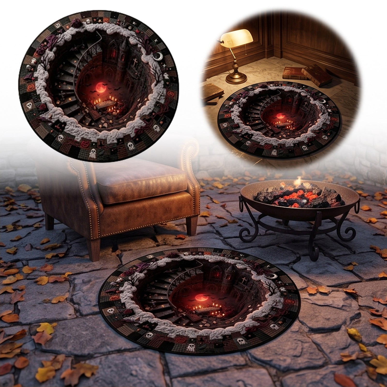 3D Visual Illusion Round Halloween Rug, Non Slip Polyester Spiral Stair ...