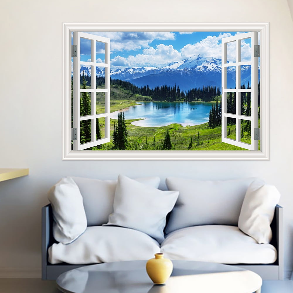 3D Wall Decal Nature Landscape Fake Window Wall Poster Mountain Forest ...