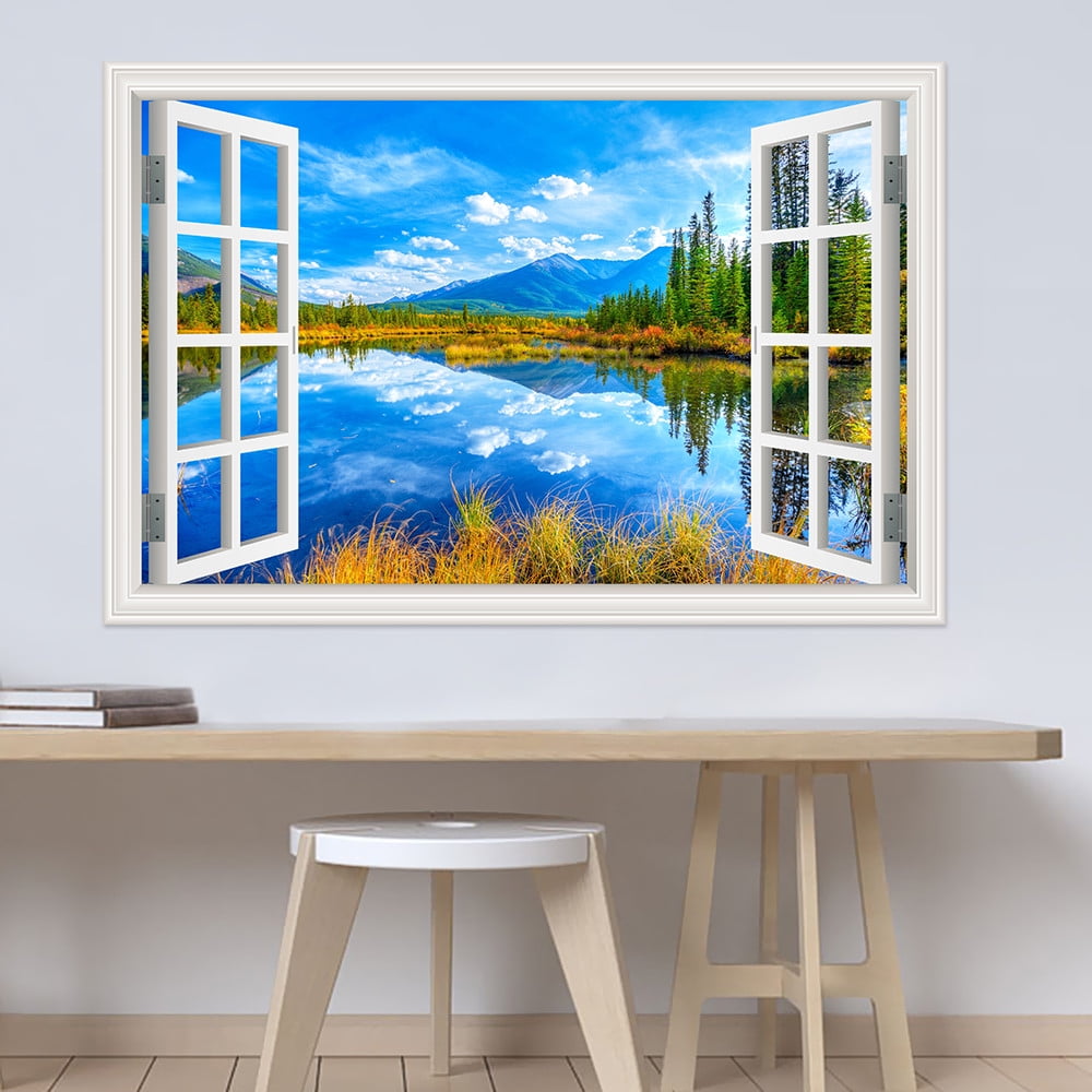 3D Wall Decal Nature Landscape Fake Window Wall Poster Mountain Forest ...