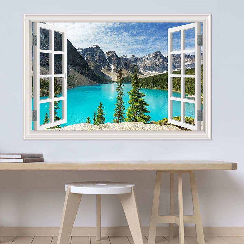 3D Wall Decal Nature Landscape Fake Window Wall Poster Mountain Forest ...