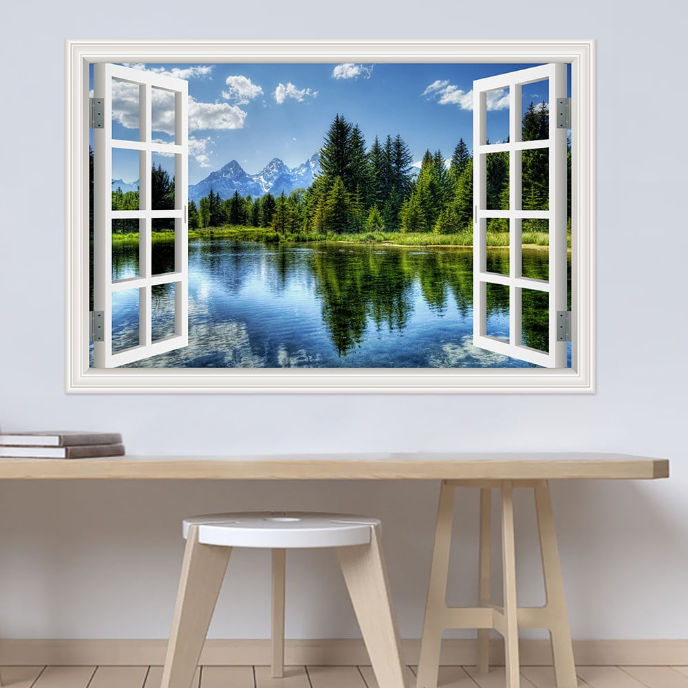 3D Wall Decal Nature Landscape Fake Window Wall Poster Mountain Forest ...