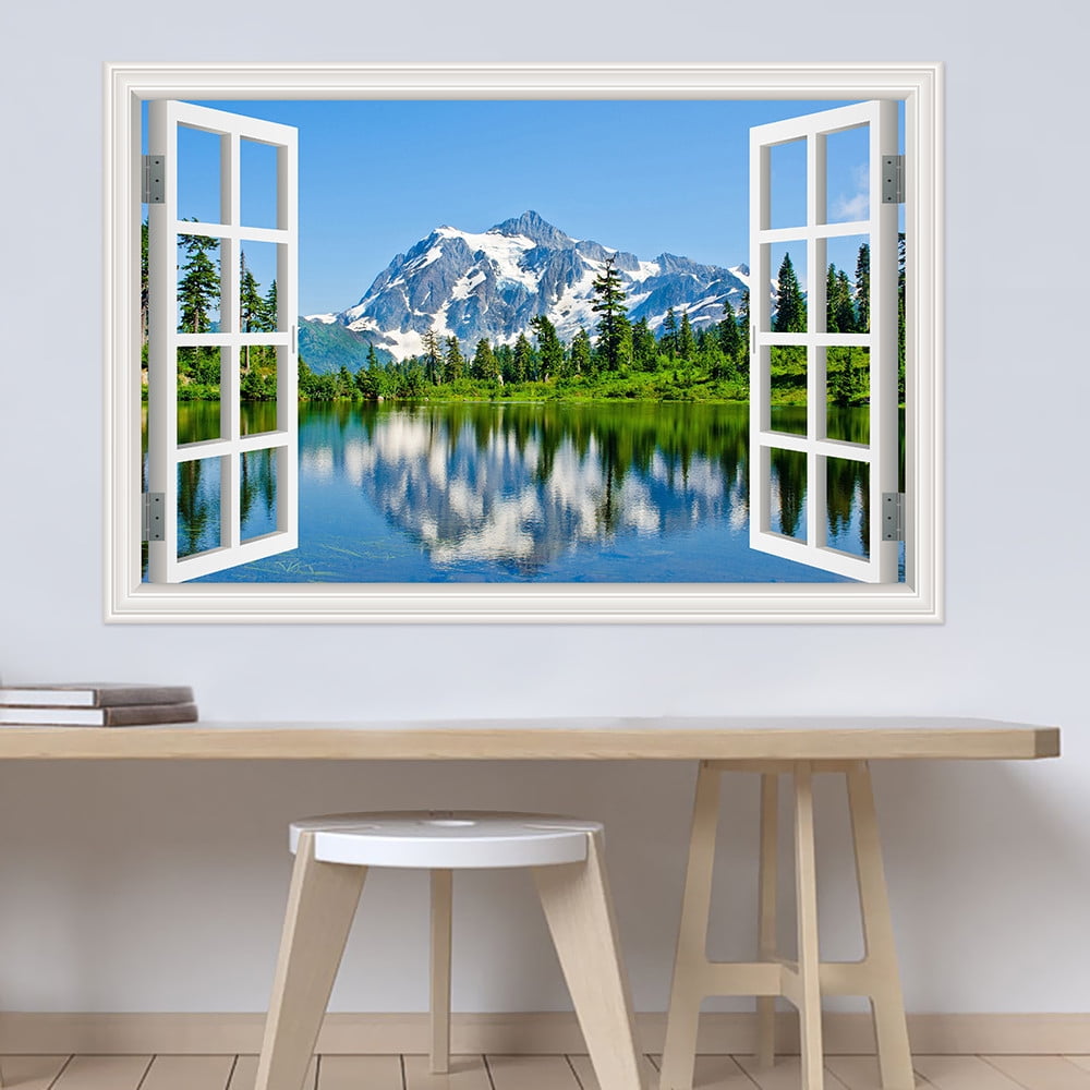 3D Wall Decal Nature Landscape Fake Window Wall Poster Mountain Forest ...
