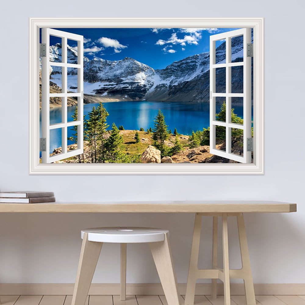 3D Wall Decal Nature Landscape Fake Window Wall Poster Mountain Forest ...
