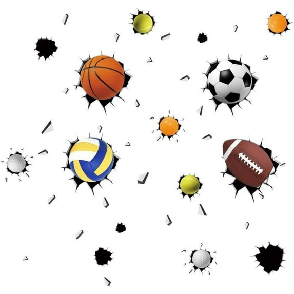 3D Wall Sticker Sport Balls 3D Break Wall Decals Basketball Baseball ...