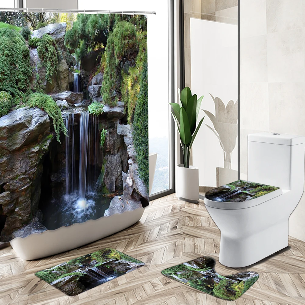 3D Waterfall Forest Scenery Waterproof Shower Curtain Set Green Natural ...