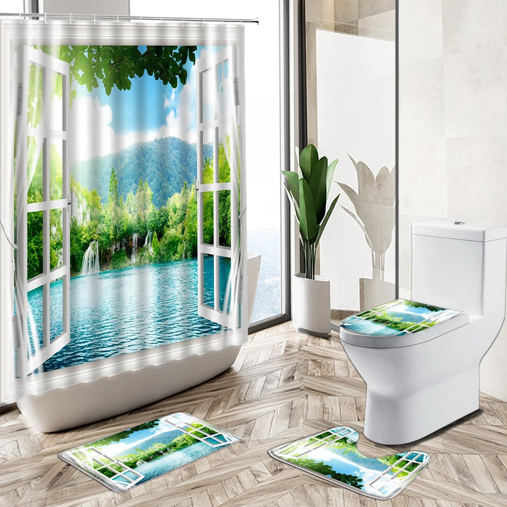 3D Waterfall Forest Scenery Waterproof Shower Curtain Set Green Natural ...