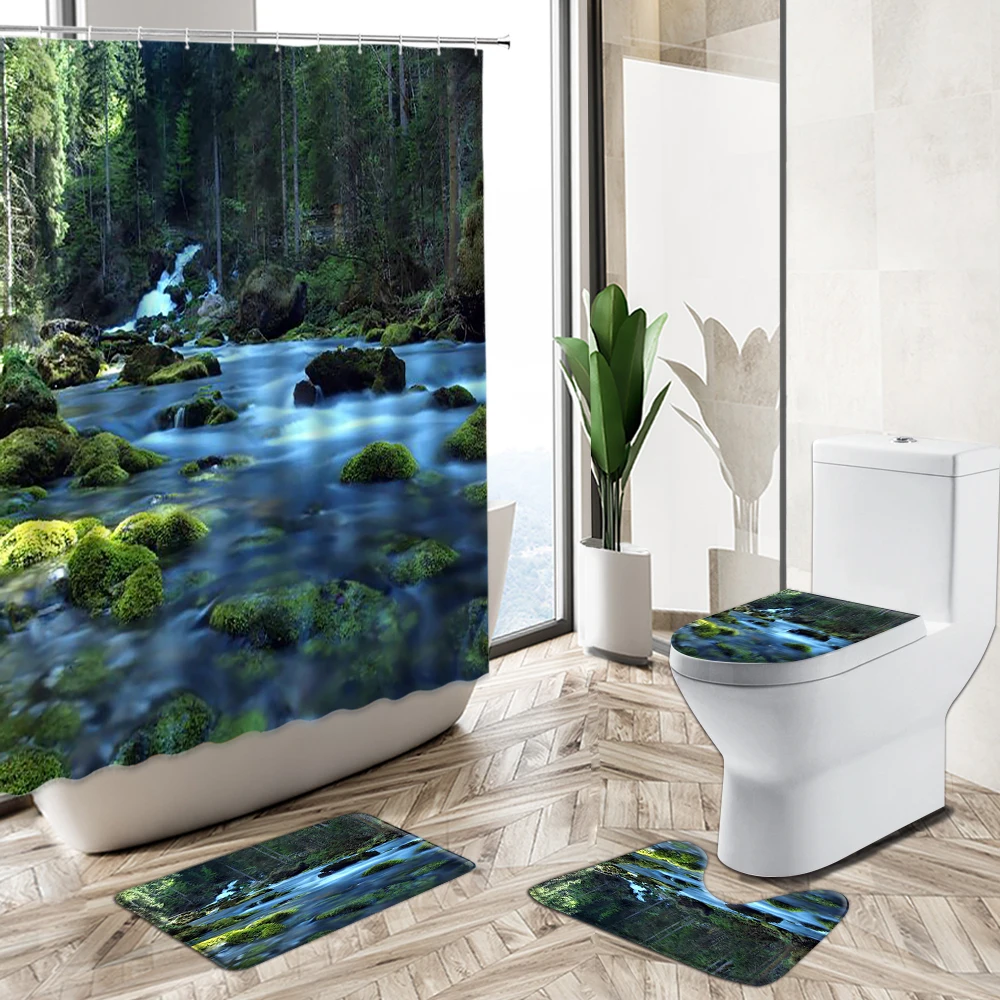3D Waterfall Forest Scenery Waterproof Shower Curtain Set Green Natural ...