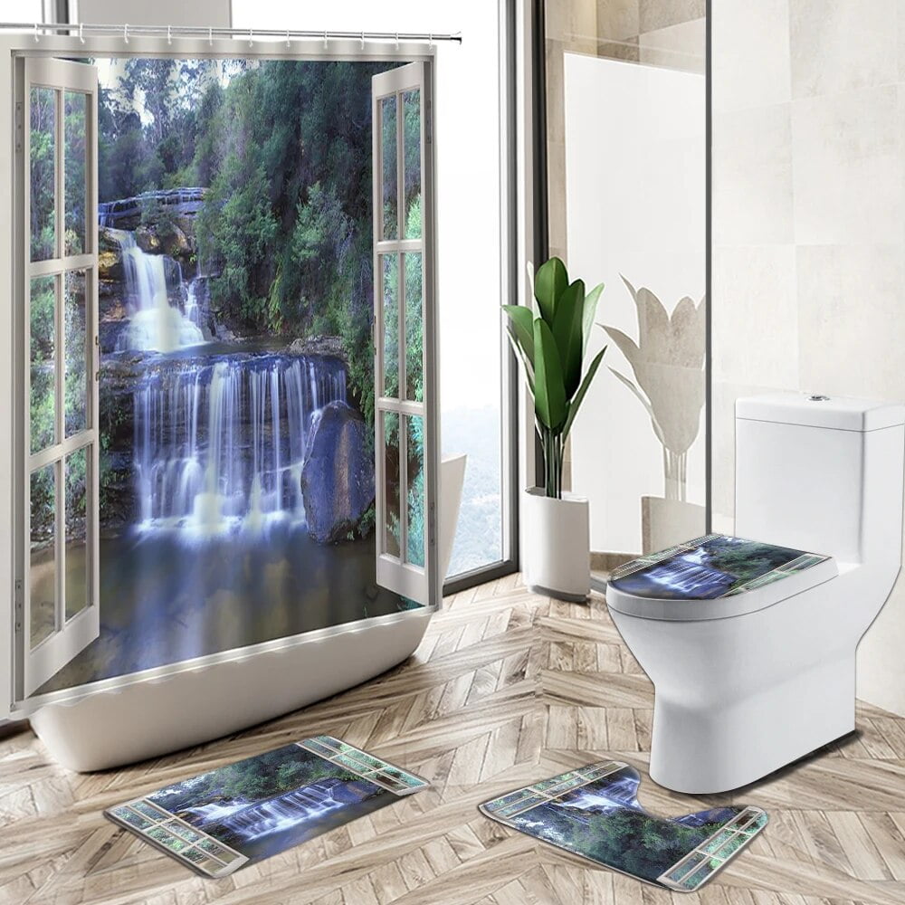 3D Waterfall Forest Scenery Waterproof Shower Curtain Set Green Natural ...