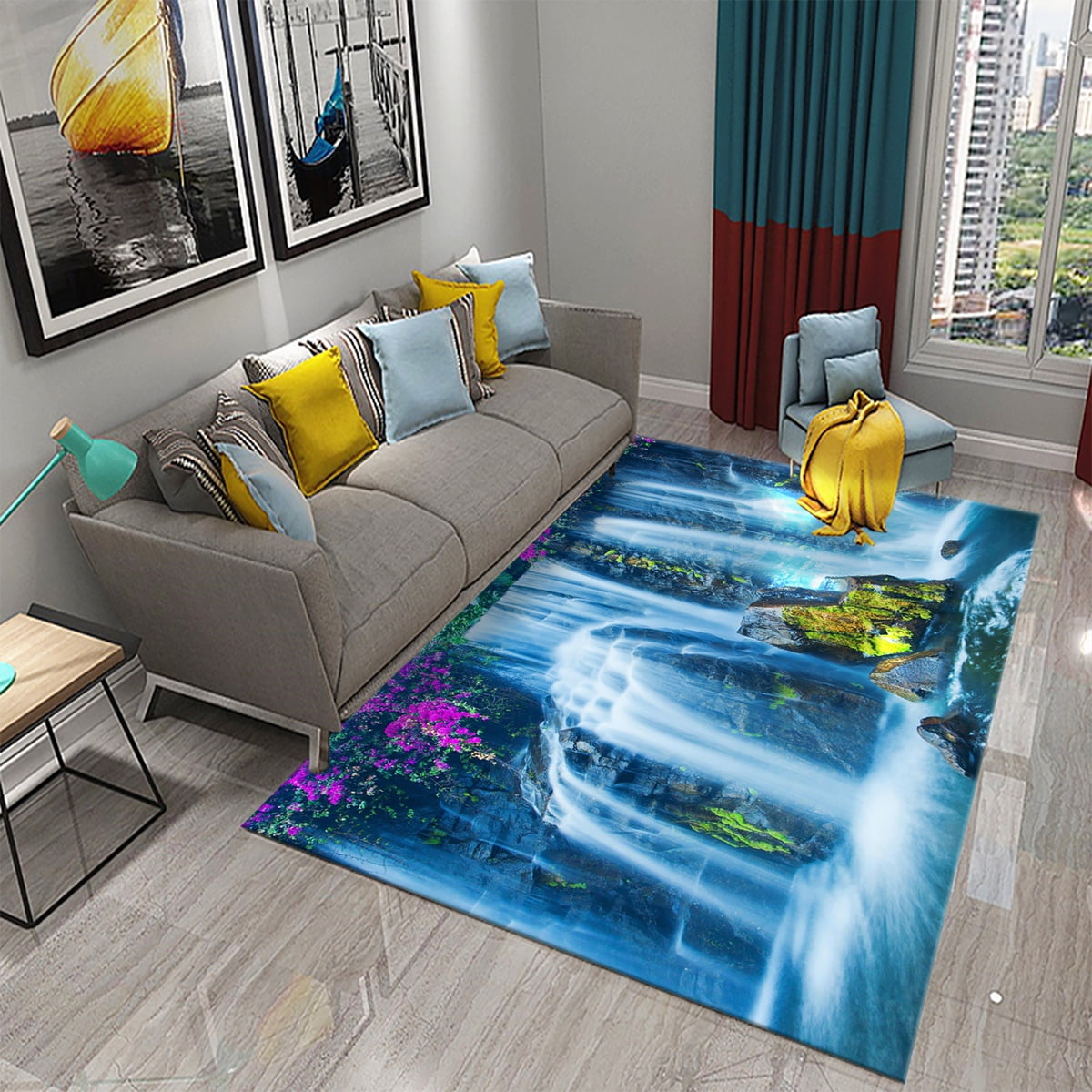 3D Waterfall Landscape Carpet for Living Room Green Forest Natural ...
